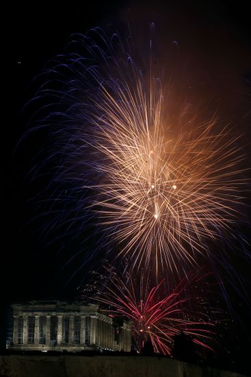 Fireworks Explode Over Ancient Temple Parthenon Editorial Stock Photo ...