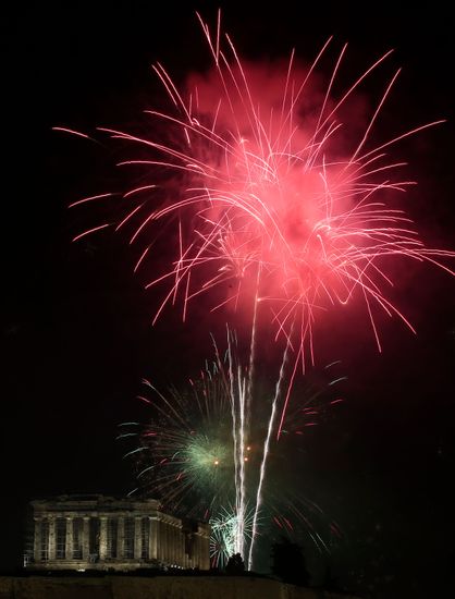 Fireworks Explode Over Ancient Temple Parthenon Editorial Stock Photo ...