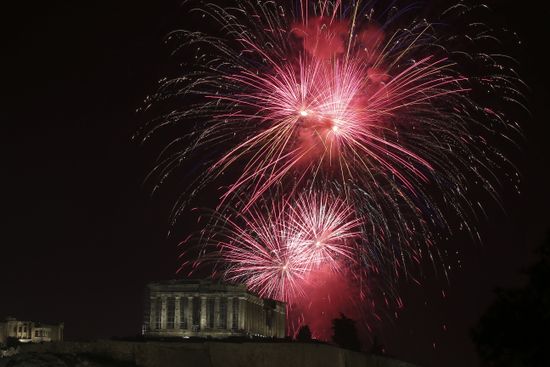 Fireworks Explode Over Ancient Temple Parthenon Editorial Stock Photo ...