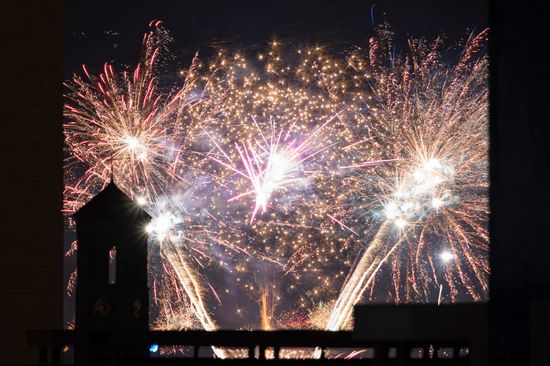 Fireworks Behind Churches Tower Fireworks Explode Editorial Stock Photo ...
