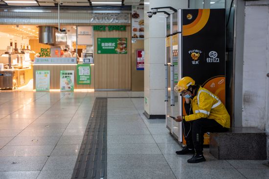 Delivery Worker Meituan Sits Outside Restaurant Editorial Stock Photo ...