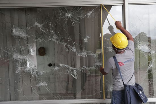 Worker Takes Measurements Window Replace Shattered Editorial Stock ...