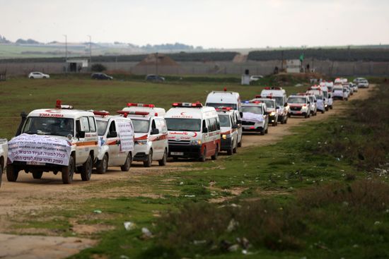 Convoy Palestinian Ambulance Vehicles Moves Along Editorial Stock Photo ...