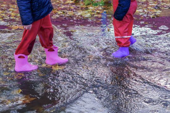 Two Children Walking Through Puddle Water Editorial Stock Photo - Stock ...