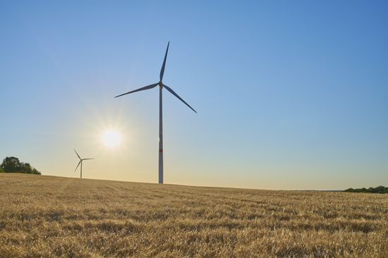 Wind Turbines Grainfield Morning Summer Wuerzburg Editorial Stock Photo ...