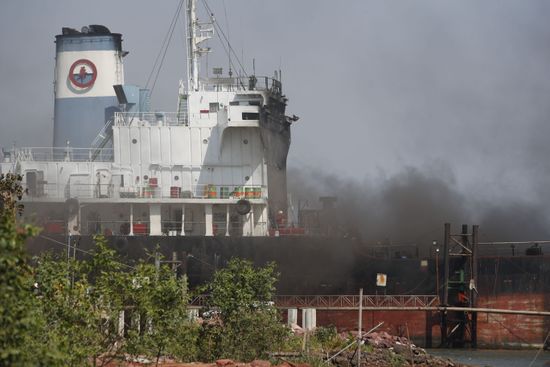 Oil Tanker Burns After Explosion Dockyard Editorial Stock Photo - Stock ...
