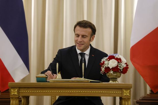 Frances President Emmanuel Macron Signs Welcome Editorial Stock Photo ...