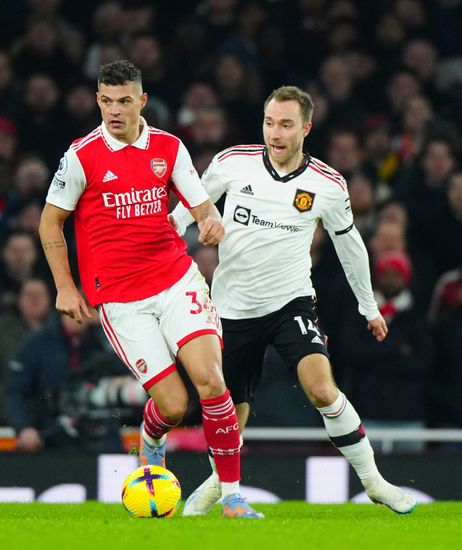 Granit Xhaka Arsenal Dispossesses Christian Eriksen Editorial Stock ...