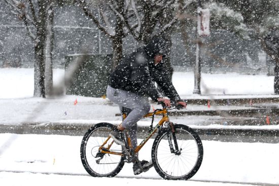 Man Rides Bicycle On Snow Covered Editorial Stock Photo - Stock Image ...