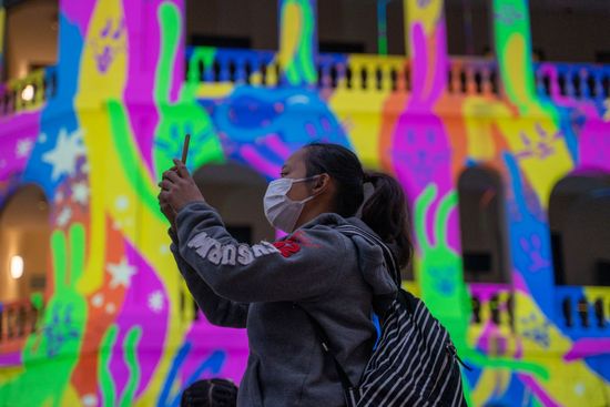 Women Taking Photo Front Patterns Projected Editorial Stock Photo ...