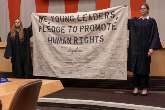 Students Hold Pledge Banner During Special Editorial Stock Photo ...