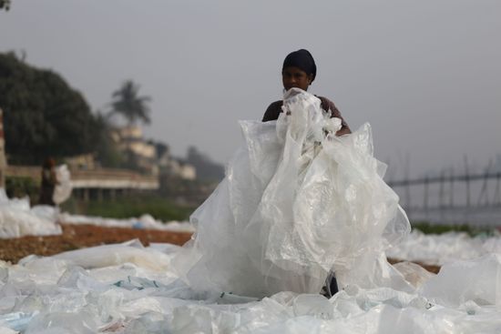Woman Works She Dries Polythene Plastic Editorial Stock Photo - Stock ...