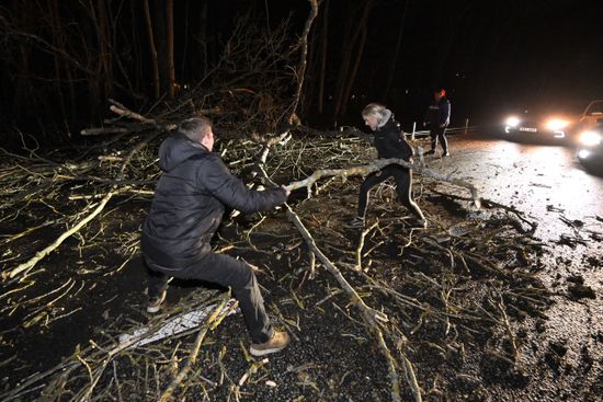 Fallen Tree Blocking Road Taken Care Editorial Stock Photo - Stock ...
