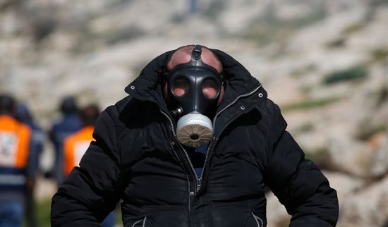 Palestinian Wearing Gas Mask Seeks Cover Editorial Stock Photo - Stock ...