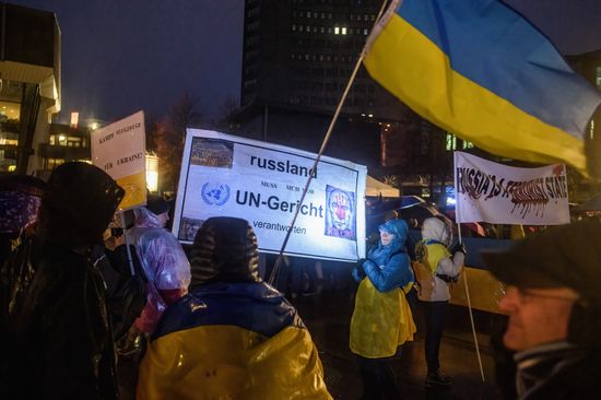 Demonstrators Hold Banners During Anti War Editorial Stock Photo ...