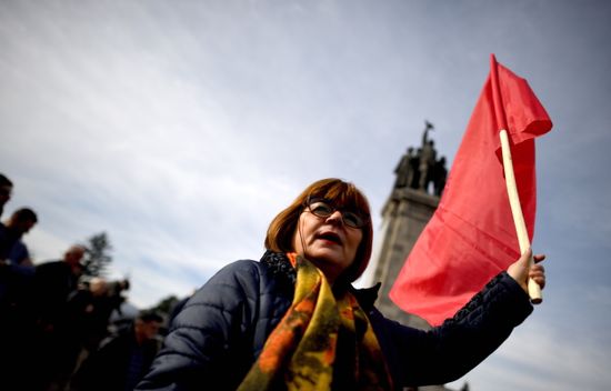 Woman Waves Red Flag Front Monument Editorial Stock Photo - Stock Image ...