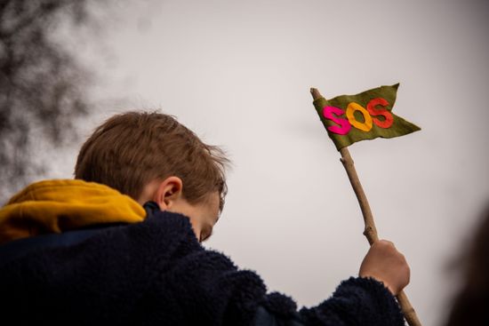 Young Protestor Holds Small Sos Flag Editorial Stock Photo - Stock ...