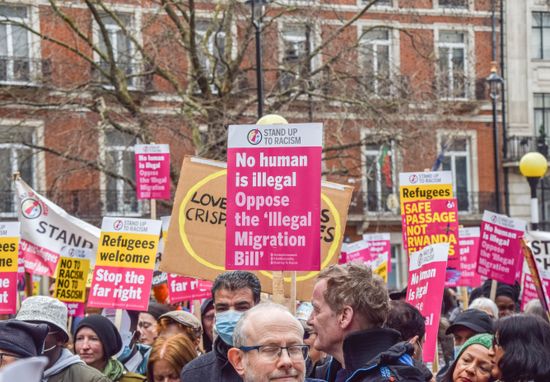 Protester Holds Placard Opposing Illegal Migration Editorial Stock ...