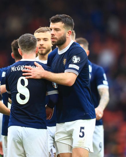 Grant Hanley Scotland Congratulates Callum Mcgregor Editorial Stock ...