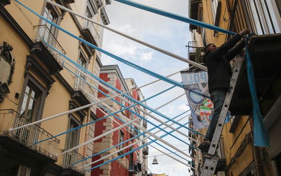 Man Standing On Ladder Installs Banners Editorial Stock Photo - Stock ...