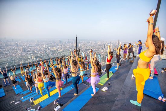 Yoga Enthusiasts Practice Yoga Observation Deck Editorial Stock Photo ...