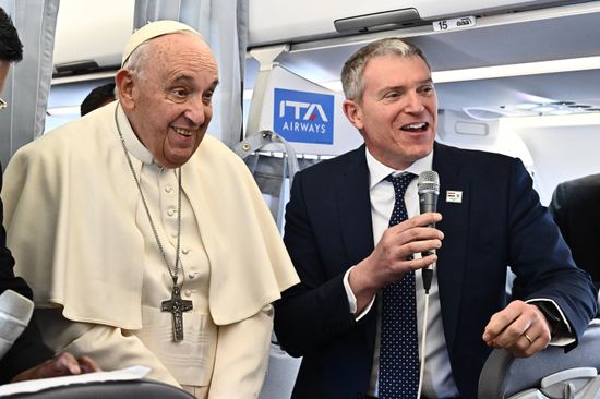 Pope Francis Speaks Journalists Aboard Airplane Editorial Stock Photo ...