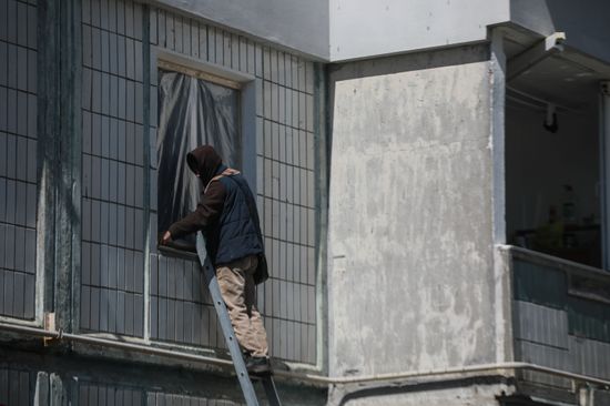 Man Covers Polyethylene Window Blown Out Editorial Stock Photo - Stock ...