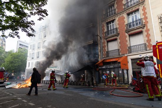 French Riot Police Firefighters Extuinguish Burning Editorial Stock ...