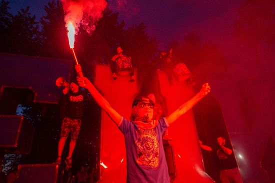 Football Fan Fire Flare His Hands Editorial Stock Photo - Stock Image ...
