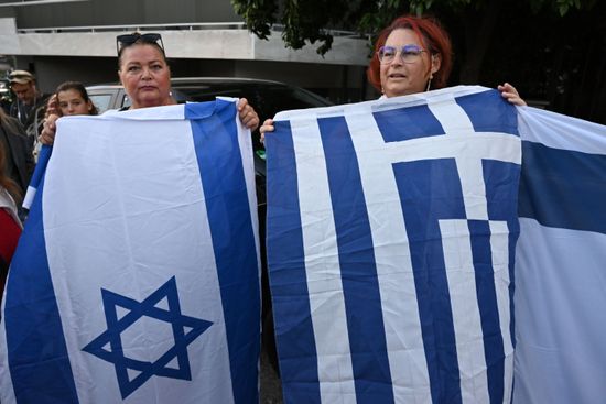 Proisraeli Demonstrators Hold Israeli Greek Flags Editorial Stock Photo ...