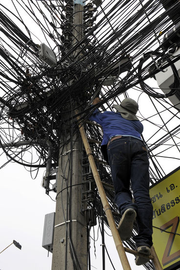 Man Climbing Ladder Fix Power Lines Editorial Stock Photo - Stock Image ...