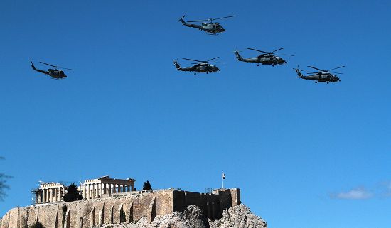Greek Navy Helicopters Fly Over Parthenon Editorial Stock Photo - Stock ...