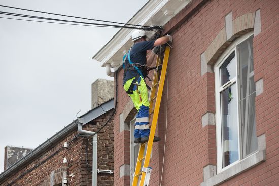 Cable Television Installation Engineer Ladder Outside Editorial Stock ...