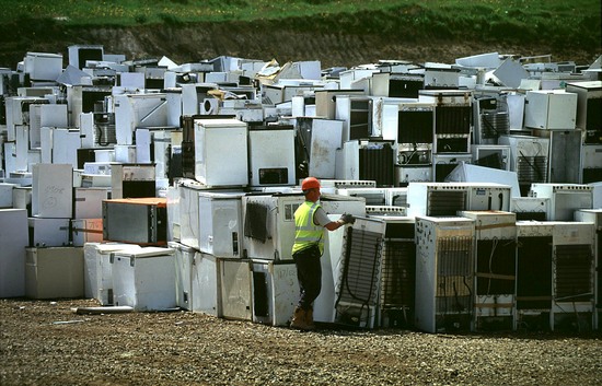 Worker Stacking Dumped Fridges Freezers Waste Editorial Stock Photo ...