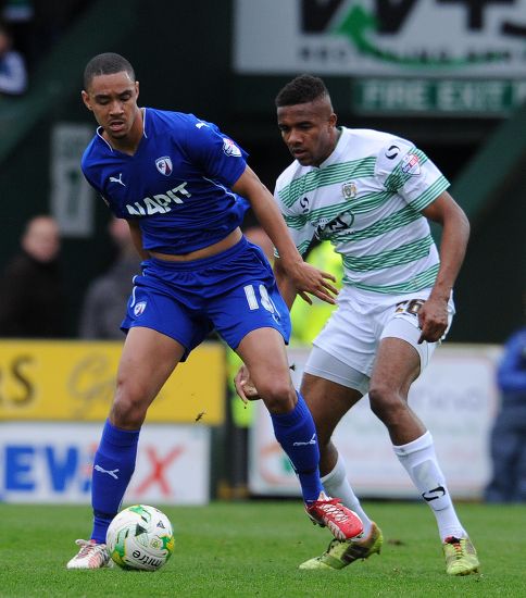 Chesterfields Byron Harrison Tackled By Yeovil Editorial Stock Photo ...