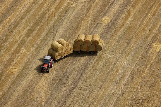 Aerial View Tractor Two Trailers Bales Editorial Stock Photo - Stock ...