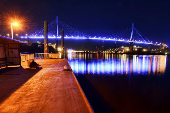 Koehlbrandbruecke Bridge Blue Port Illuminations Hamburg Editorial ...