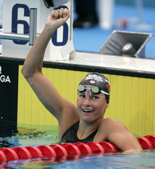 Slovenias Sara Isakovic Celebrates After Finishing Editorial Stock ...