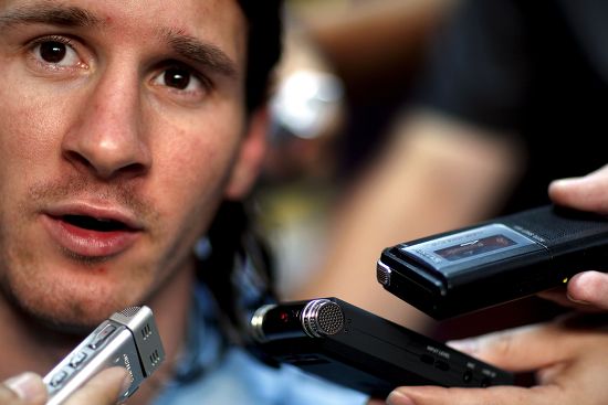 Argentinas Lionel Messi Surrounded By Media Editorial Stock Photo ...