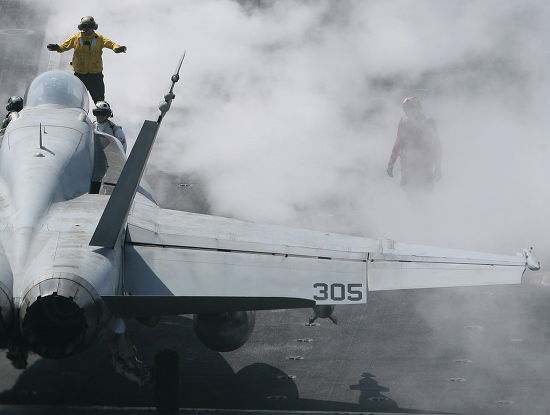 Flight Deck Crews Prepare F18 Launch Editorial Stock Photo - Stock ...