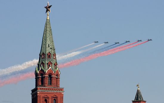 Russian Military Jets Fly Formation Over Editorial Stock Photo - Stock ...