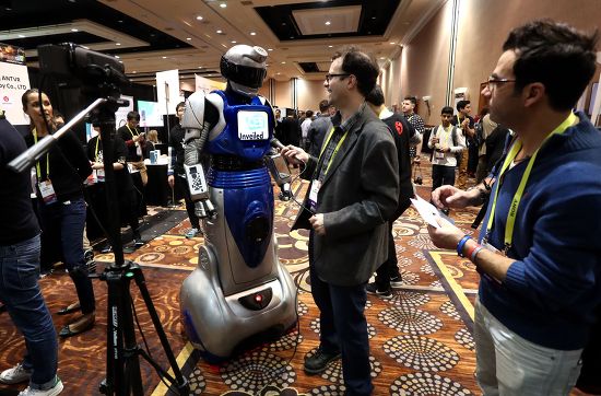 Journalist Interviews Humanlike Robot Ican 2017 Editorial Stock Photo ...