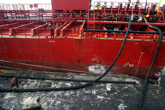 Indonesian Workers Install Pipes On Tanker Editorial Stock Photo ...