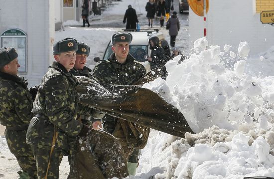 Ukrainian Soldiers Shovel Snow On Grounds Editorial Stock Photo - Stock ...