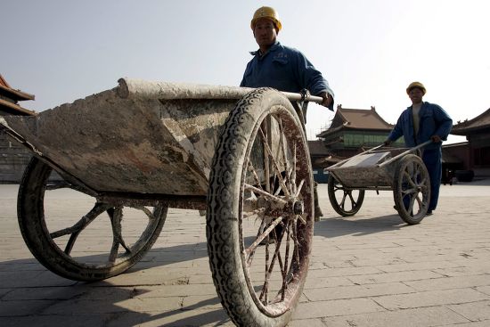 Workers Push Wheel Barrels Restoration Work Editorial Stock Photo ...