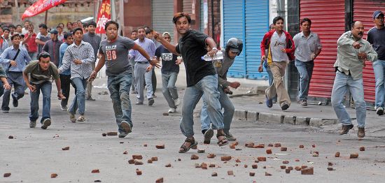 Nepalese Protestors Hurl Bricks Riot Police Editorial Stock Photo ...