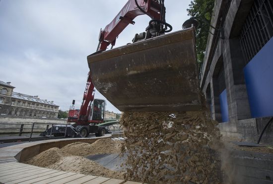 Digger Unloads Sand Barge Onto Pavement Editorial Stock Photo - Stock ...