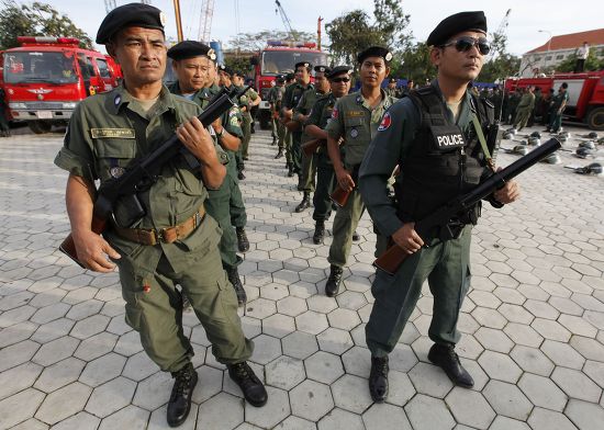 Cambodian Police Officers Stand Lines During Editorial Stock Photo ...