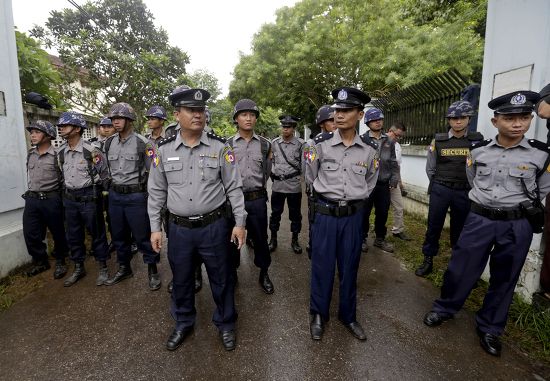 Myanmar Police Officers Block Road Leading Editorial Stock Photo ...