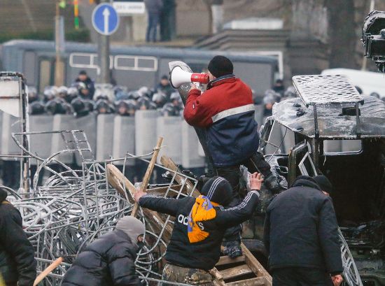 Protester Uses Megaphone Riot Police Stand Editorial Stock Photo ...